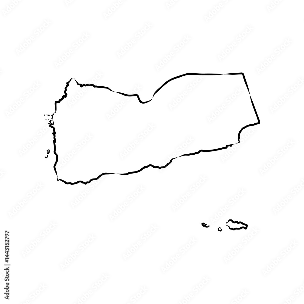 Minimalist black and white outline map of Yemen with internal region ...