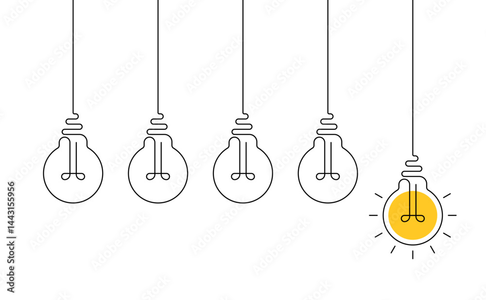 Hanging light bulbs with one glowing on white background. Continuous ...