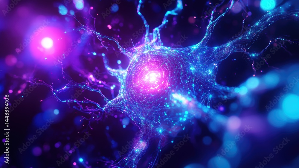 Vivid electric blue and purple neural network visualizing complex brain ...