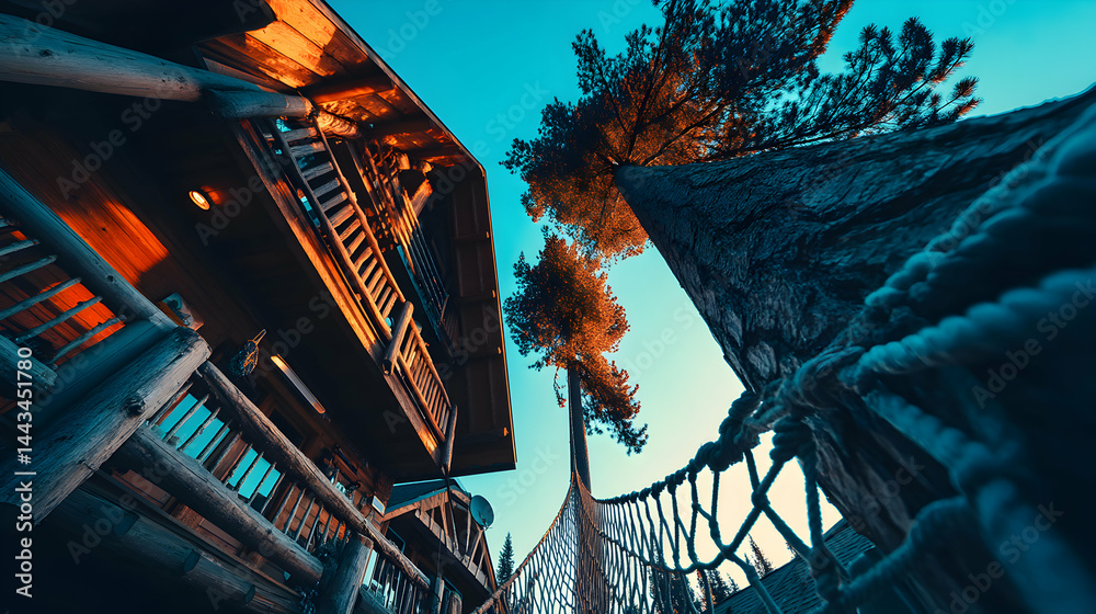 Low-angle view of a rustic log cabin with a rope bridge connecting to a ...