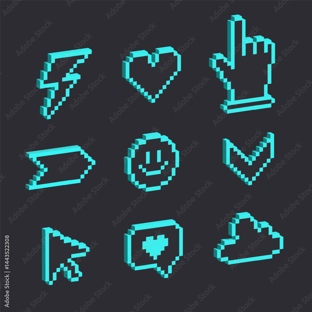 Set of 3d pixel elements. Isometric 8 bit objects. Cyber symbols in y2k futuristic design. Voxel ...