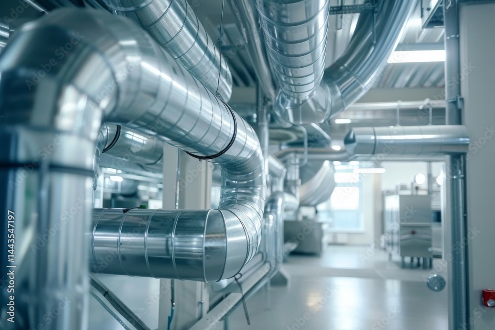 Modern HVAC system with stainless steel pipes in professional kitchen ...