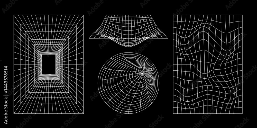 Set of abstract 3D wireframe grid shapes on black background, geometric ...