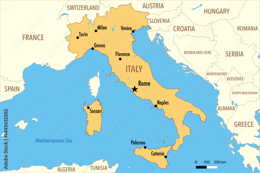 Vector Map of Italy with Major Cities and Neighboring Countries ...