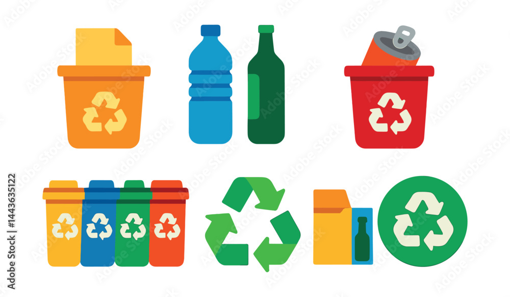 Flat vector icons of basic recycling practices: paper bin icon, plastic ...