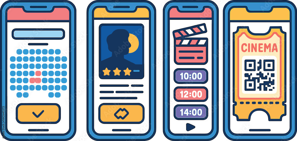 Vector illustration of a cinema ticket booking app with seat selection ...