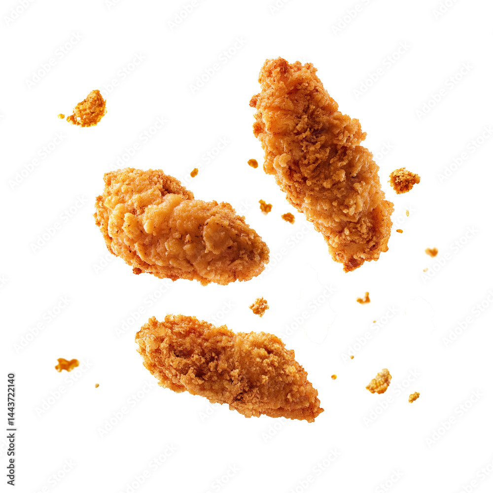 Fried chicken tenders flying isolated on white background. Crispy and ...