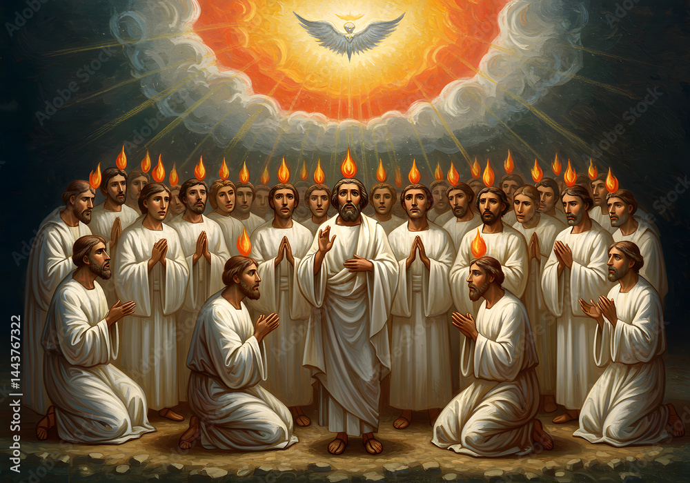 Pentecost Holy Spirit Descent with Dove, Apostles, Fire Flames ...