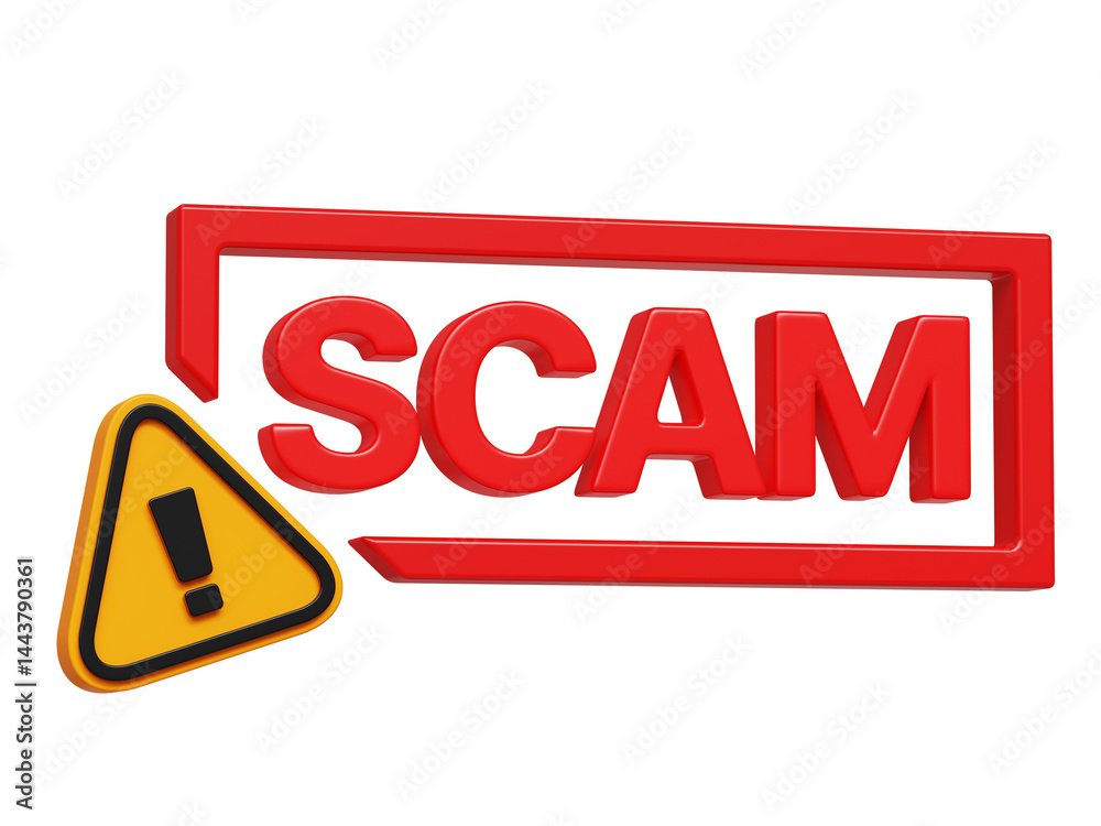 3d red word SCAM and yellow triangle attention sign with exclamation ...