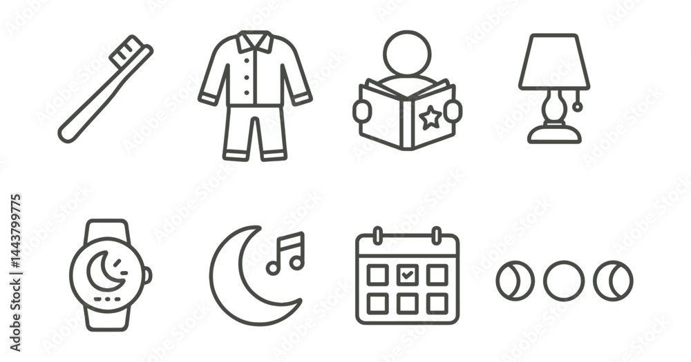 Line vector icons of kids bedtime routines: toothbrush icon, pajama ...