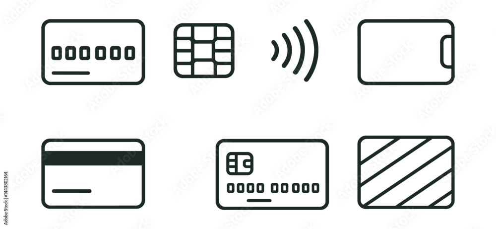 Line vector icons of bank card design: card number, card chip, tap ...