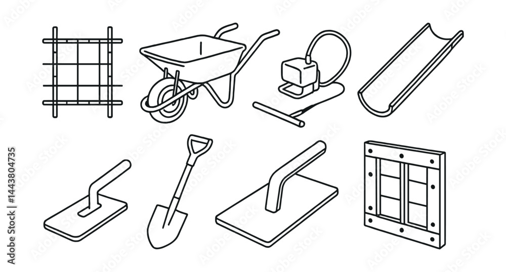 Line style of concrete pouring tools: rebar frame, wheelbarrow, screed ...