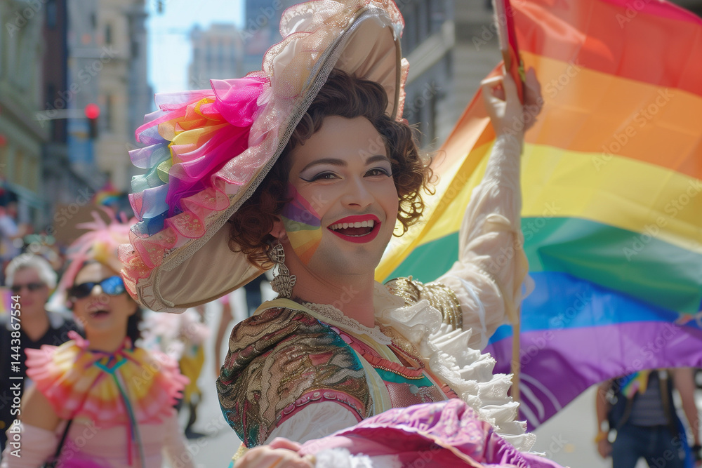 Transgender with LGBTQ Flag dancing in colorful streets during Pride ...