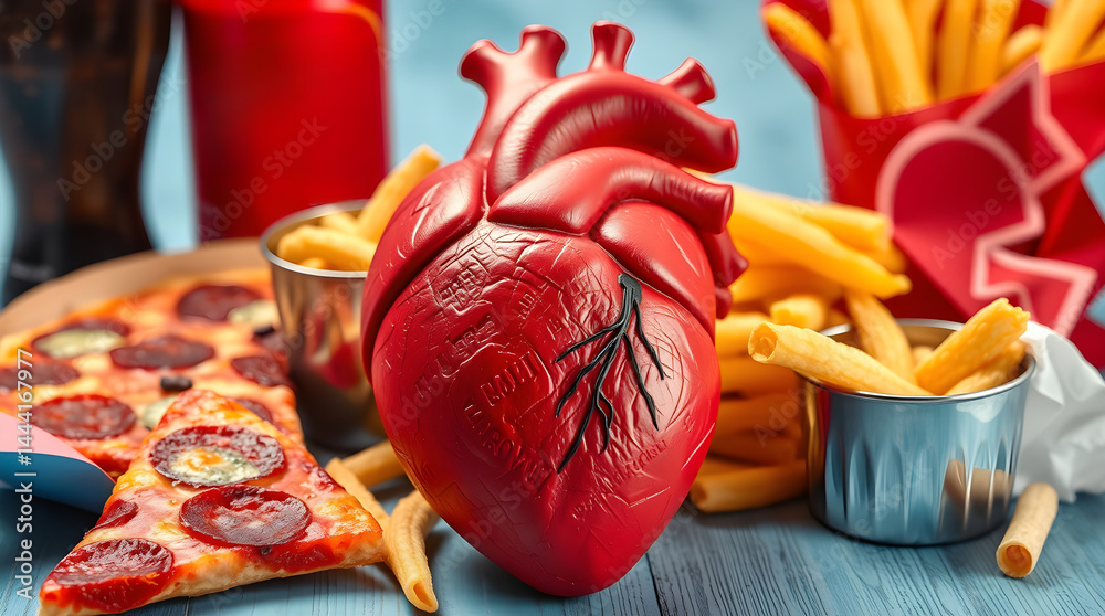 Anatomical heart model suffers from eating junk food like french fries ...