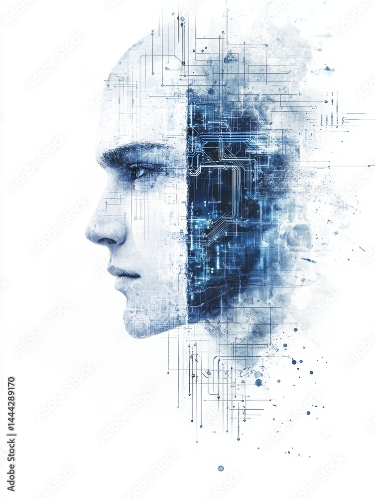 half human half robot face split down the middle, emotional expression ...