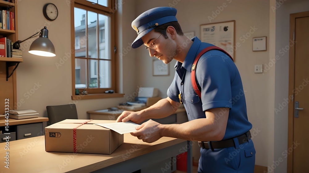 Postman Delivering Package Office Room Desk Documents Uniform Stock ...