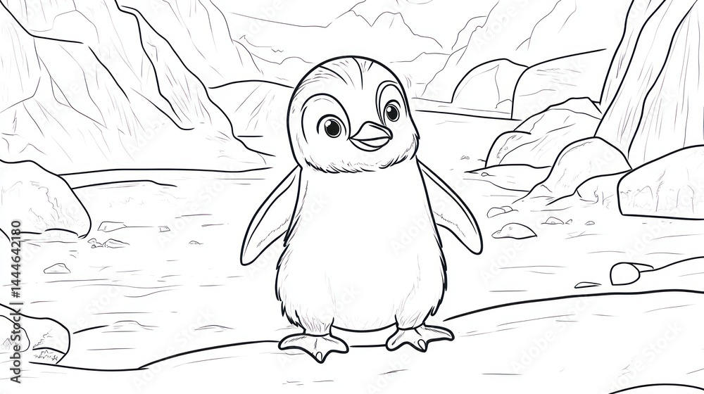Cute penguin coloring page, arctic landscape background, educational ...