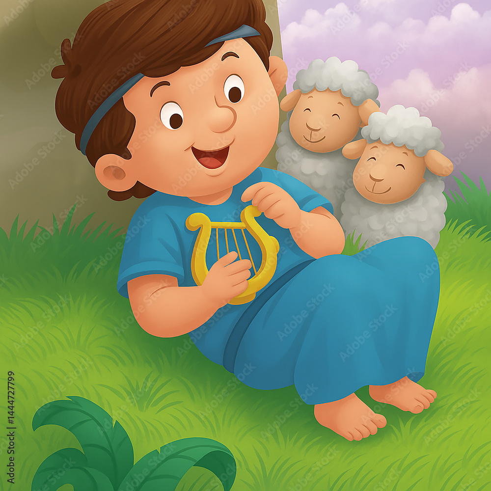 David – Cartoon Illustration of Young David the Shepherd with a ...