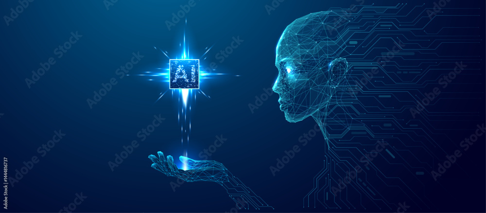 An abstract humanoid robot holds a bright light AI semiconductor on a ...