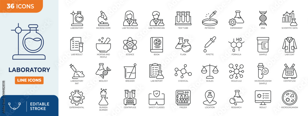 Laboratory line editable icon set. Containing experiment, test tube ...