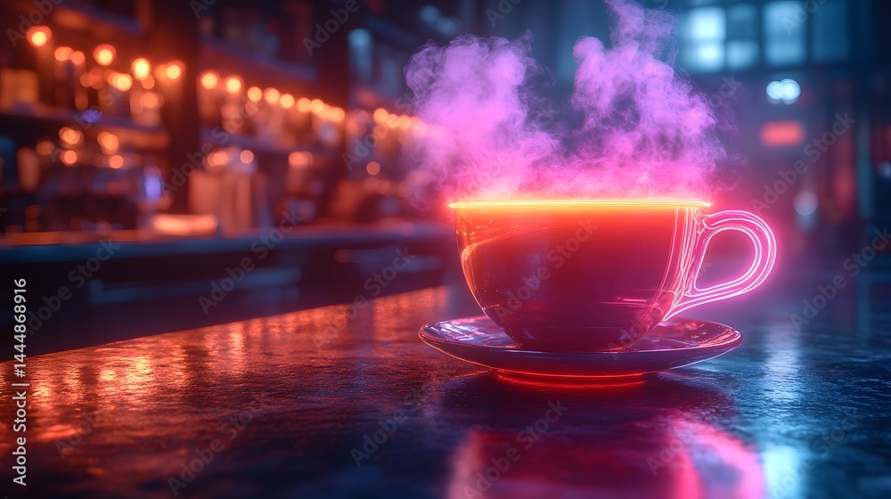 Glowing neon steam ascends from a dark cup resting on a reflective ...