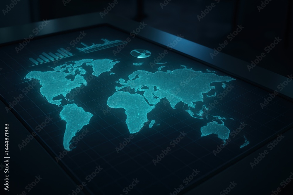 Global Strategy: Business professionals gather around a digital map of ...