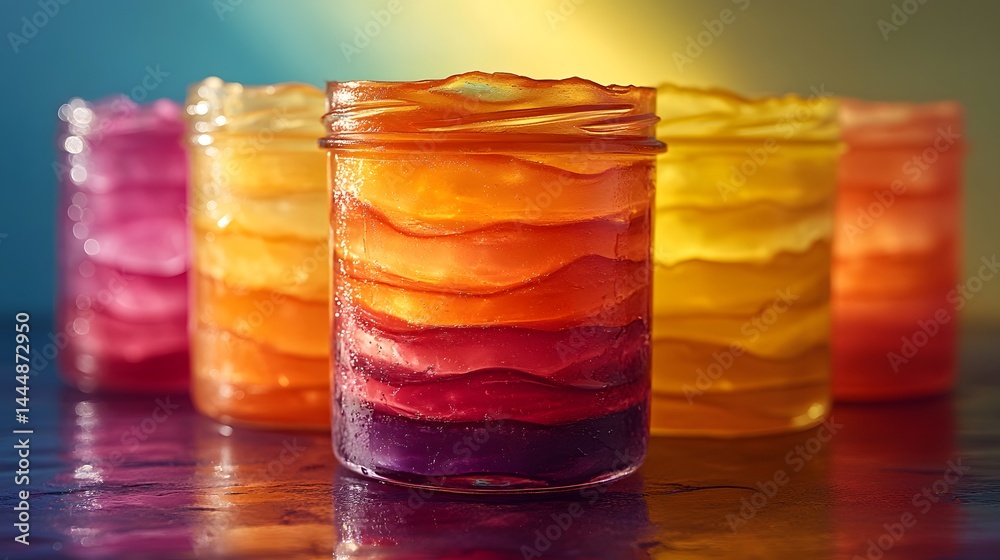Layered colorful liquid inside five clear glass canning jars, showing ...
