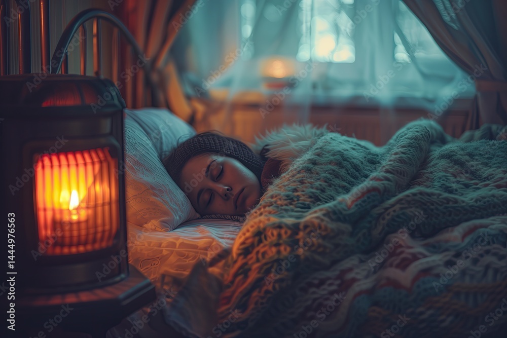 Woman sleeping near gas heater at night indoors Stock Photo | Adobe Stock