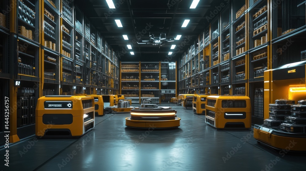 An automated warehouse featuring robotic carts and drones managing ...