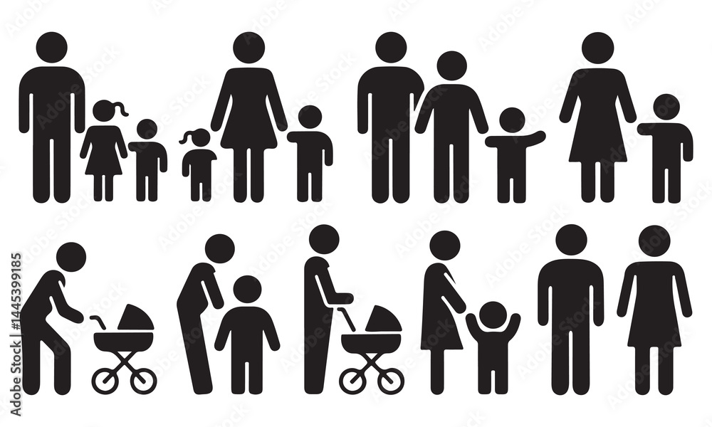 Diverse Family and Caregiver Silhouette Icons Vector Set – Inclusive ...