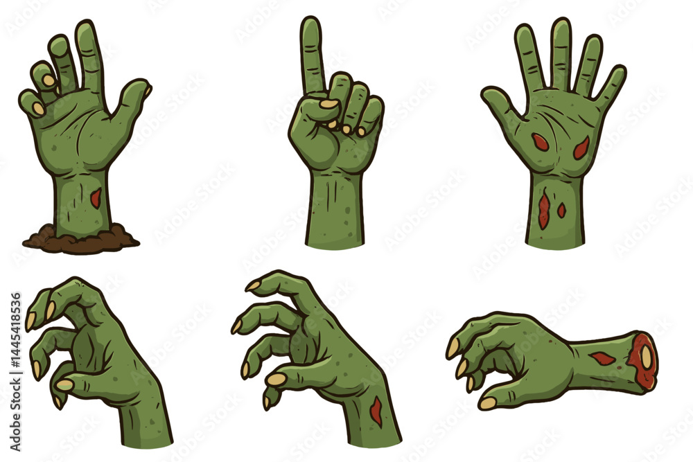 Collection of vector zombie hand icons in various poses and expressions ...