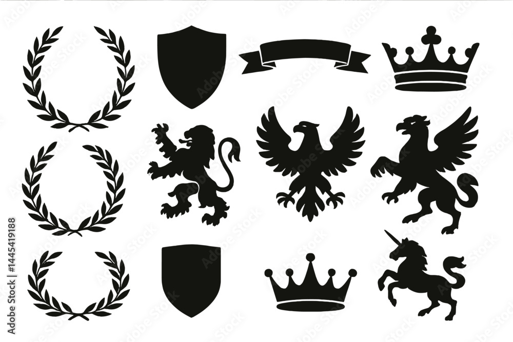 Collection of vector icons featuring heraldic symbols, crowns, shields ...