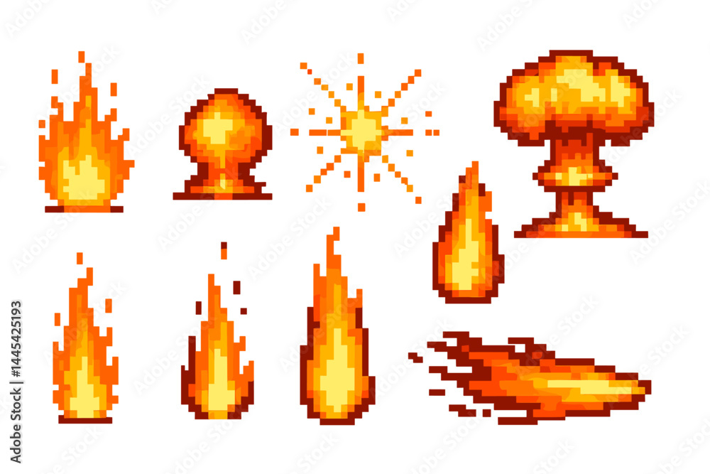 Vector icon set of flames, explosion, and fire effects in a pixel art ...