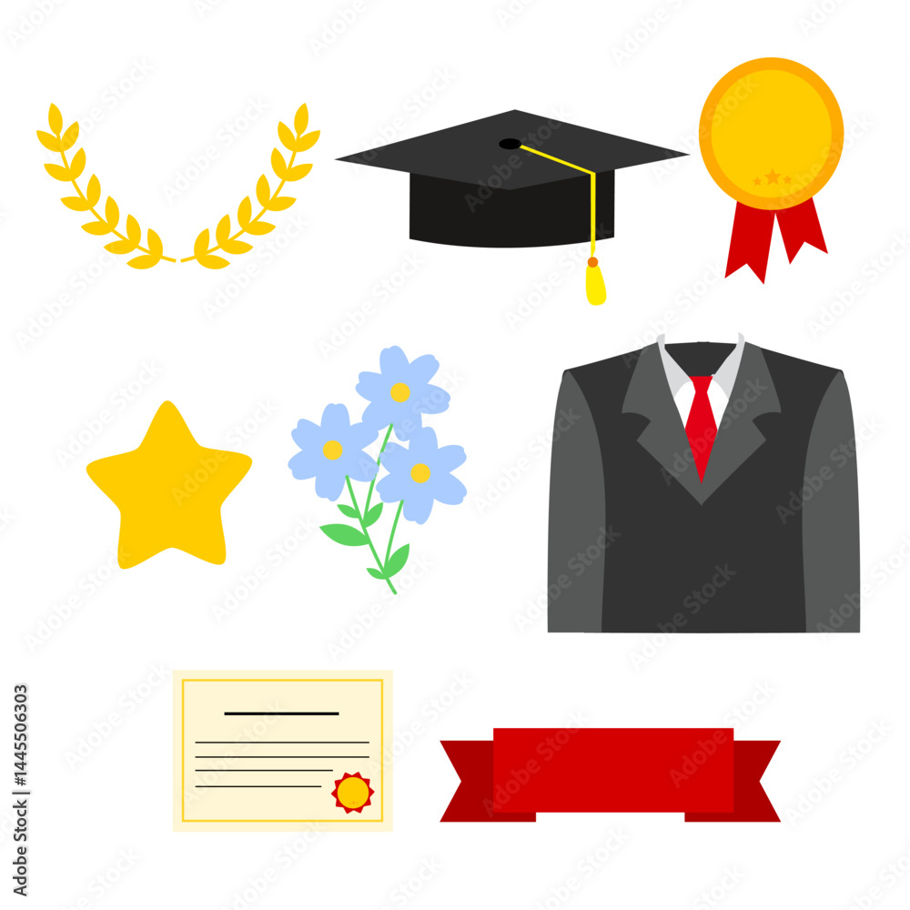 Graduation vector set. Suite, cap, ribbon, flower, star, badge, diploma ...