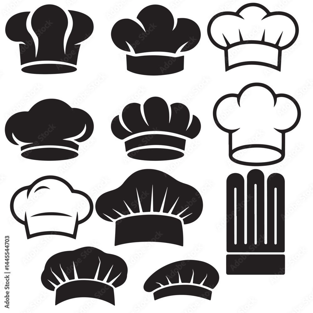 different types of BLACK VECTOR chef hat silhouette for graphic ...