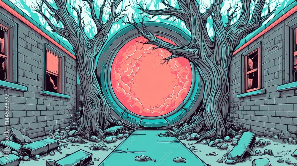 Surreal portal between two twisted trees in an abandoned courtyard ...
