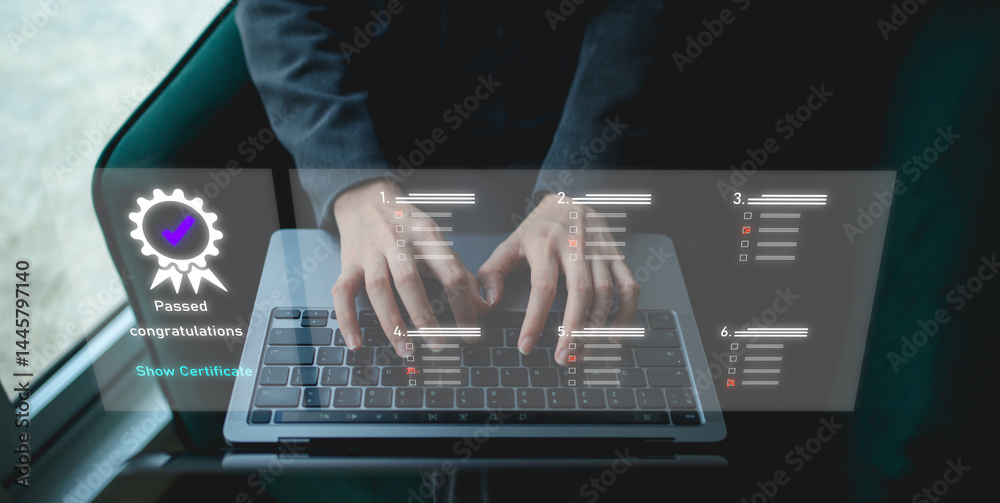 Businessman typing on a laptop with a digital certificate overlay ...