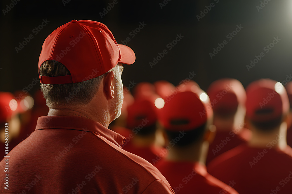A crowd of people in red shirts and matching baseball caps, backs ...