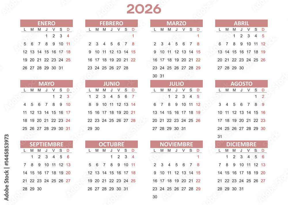 Vector de Stock Spanish Yearly calendar. 2026 mockup. Annual Horizontal ...