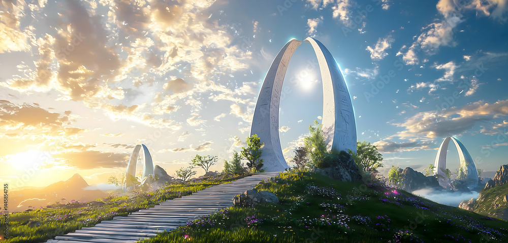 Futuristic architectural landscape with giant rocket ship structures ...