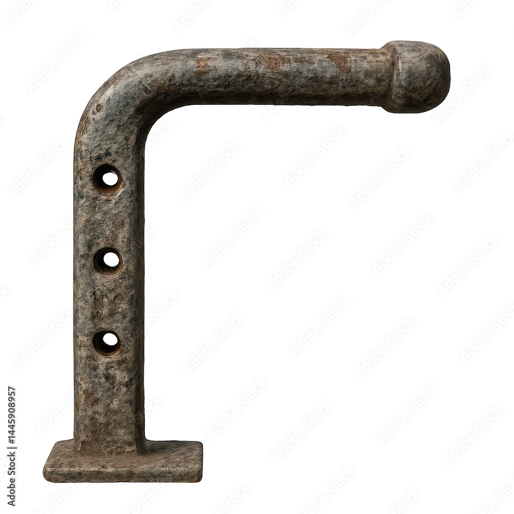 Solid L-shaped industrial metal support bracket exhibiting heavy rust ...