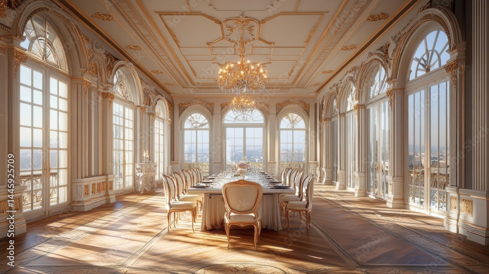 Sunlit grand dining room with long table, ornate details, and expansive ...