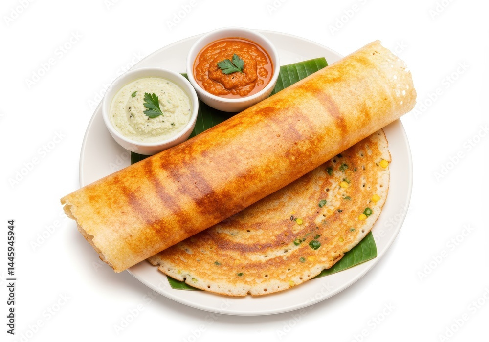 Crispy dosa with chutney served on a plate, traditional south indian ...
