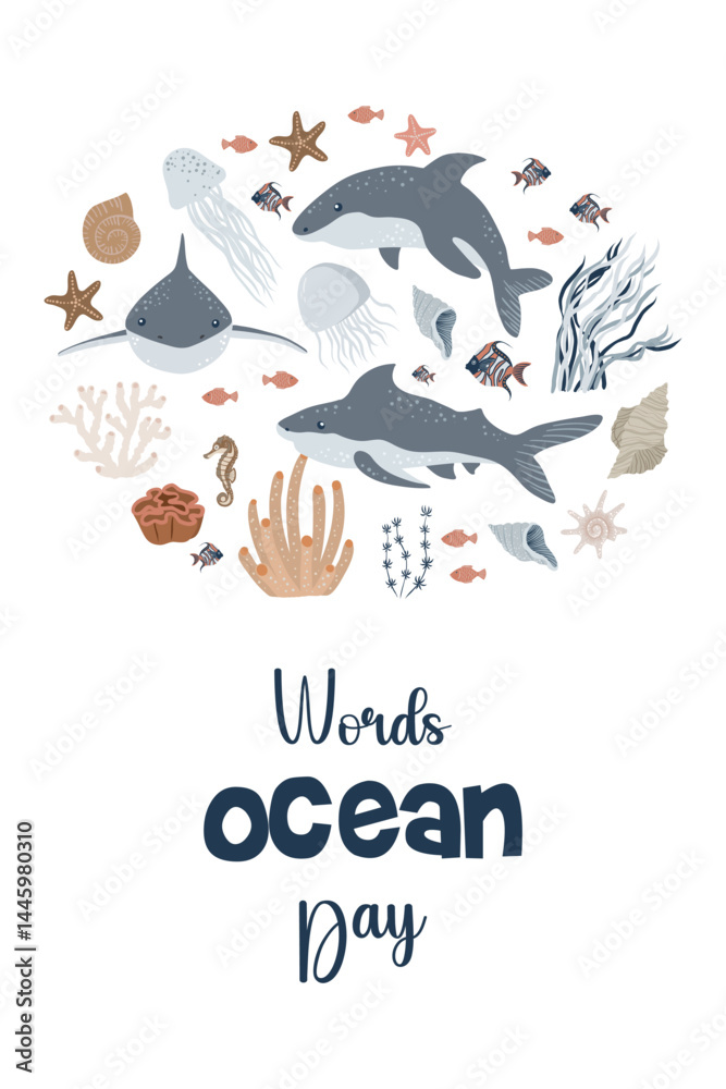 World oceans day vertical postcard with fish, sharks, dolphins, seaweed ...