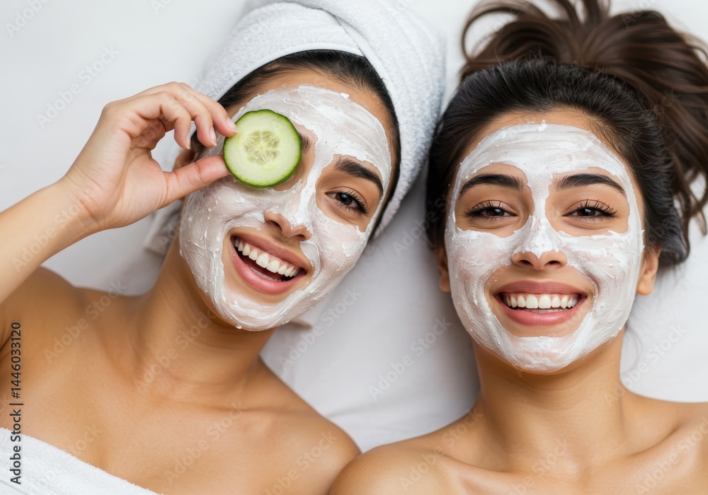 Foto de Stock Two smiling women wearing facial masks with cucumber ...