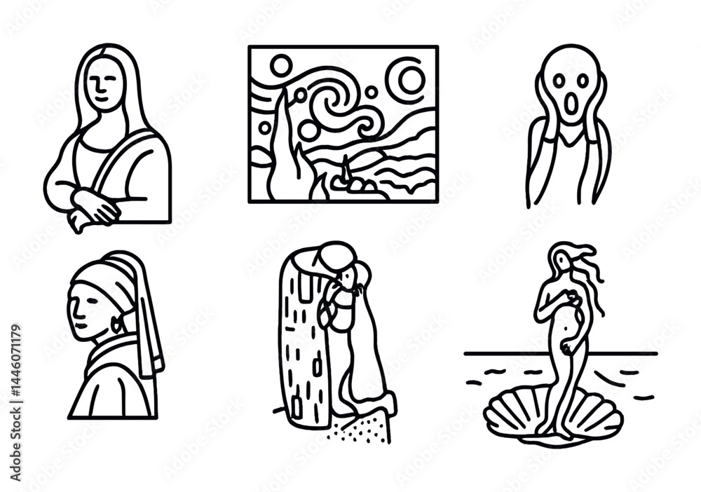 Famous art masterpieces icon set – outline style for art history ...