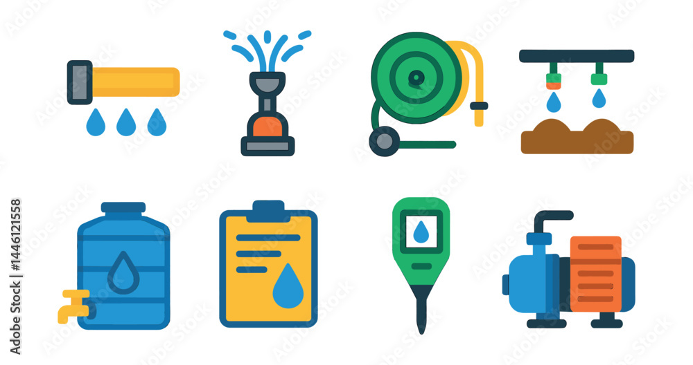 Flat vector icons of irrigation and watering: irrigation pipe ...