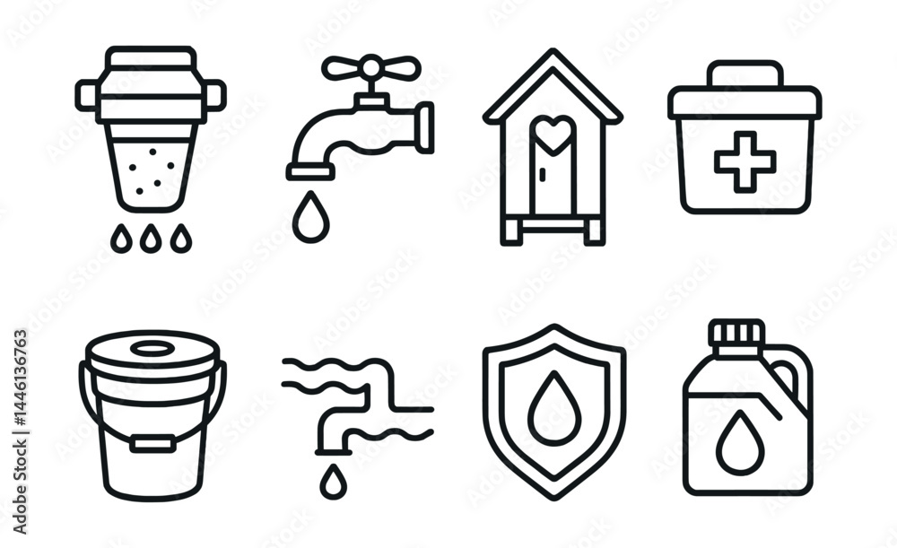 Line style icons of water and sanitation: water filter, tap station ...