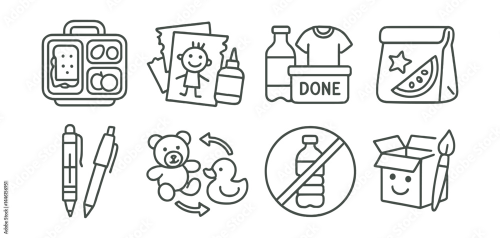 Line style icons of zero waste for kids: lunchbox set, art from scraps ...