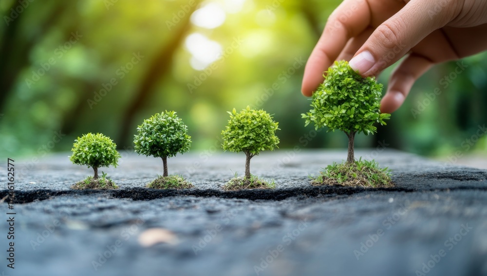 Growing trees, representing environmental growth and development. A ...